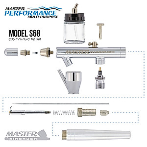 Master Performance S68 Multi-Purpose Precision Dual-Action Siphon Feed Airbrush, 0.35 mm Tip, 3/4 oz Fluid Bottle, Color Cup - User Friendly Set Kit - How-to-Airbrush Guide - Auto, Art, Hobby, Cake