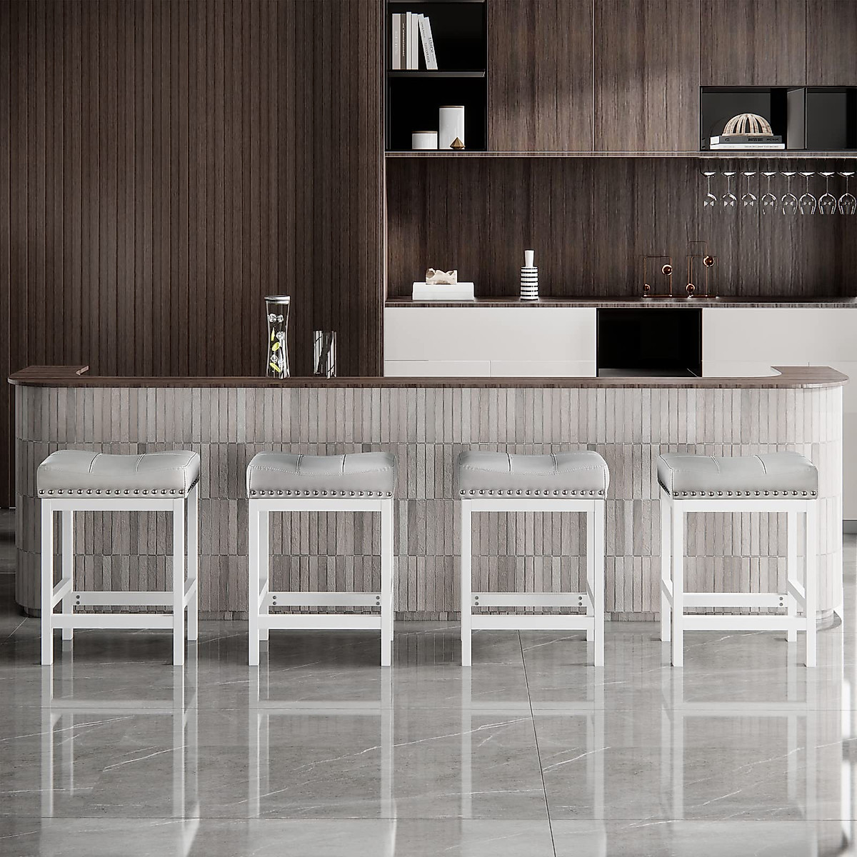 OUllUO Gray White Bar Stools Set of 2, Counter Height Bar Stools, Saddle Barstools, Pu Leather Stools with Metal Frame for Kitchen Island, 918P-NG