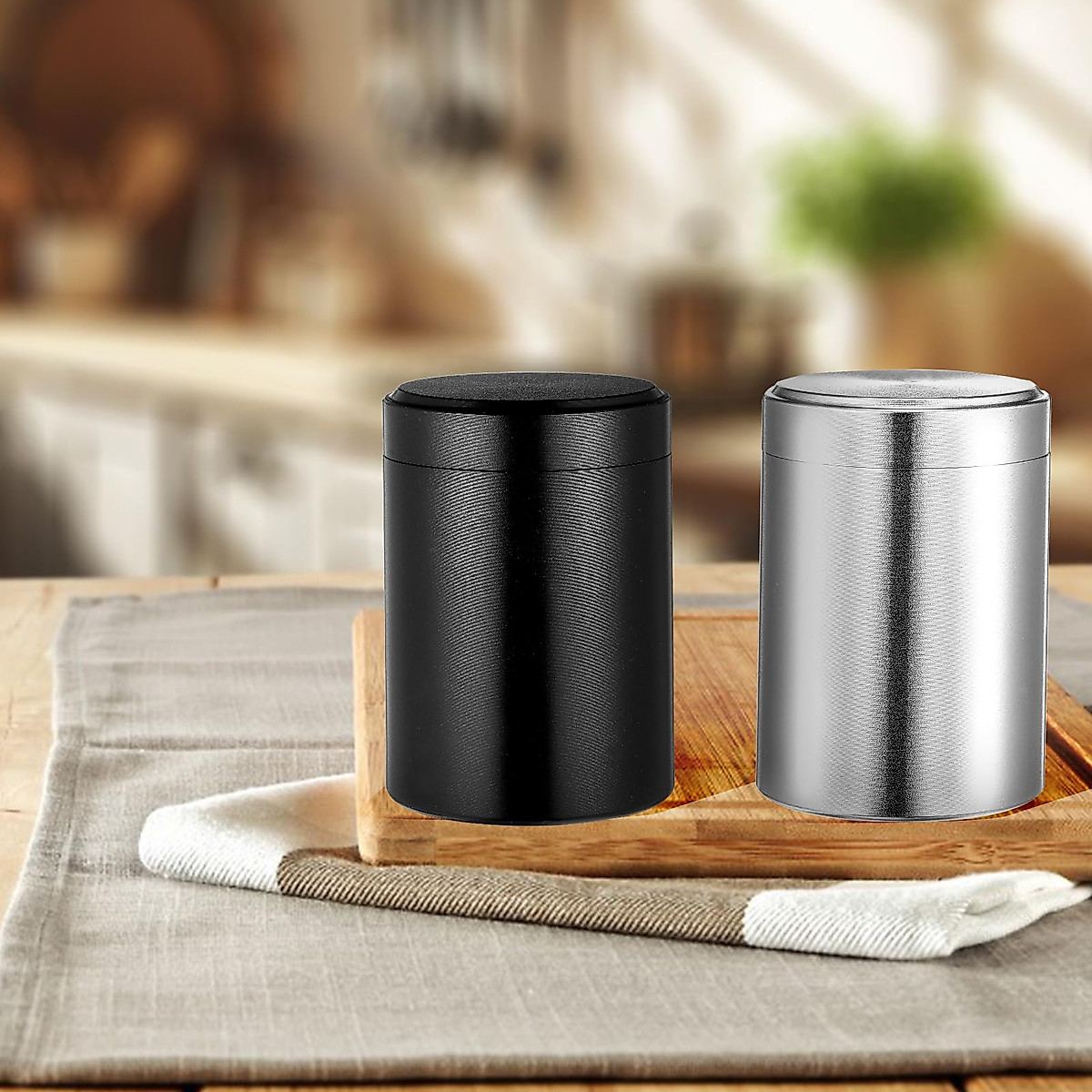 Trinkrittey Aluminum Storage Jar Airtight Smell Proof Container Portable Airtight Container Multipurpose Airtight Container Multipurpose Storage Container for Spices Coffee Teas (Black and Silver)