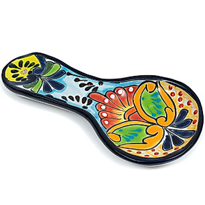 Enchanted Talavera Hand Painted Ceramic Spoon Rest Kitchen Counter top Utensil Holder For Spoons Spanish Mexican Decorations (Multi)