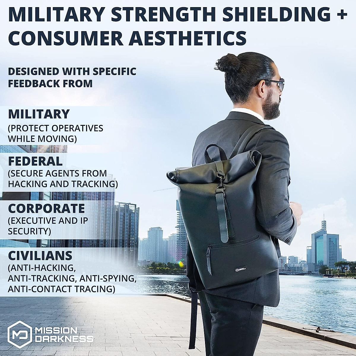 Mission Darkness FreeRoam Faraday Backpack. Stylish Roll Top Bag with Durable Water-Resistant Exterior, RF Blocking Liner, Padded Laptop Compartment, Device Isolation, Anti-Tracking, EMF Shielding