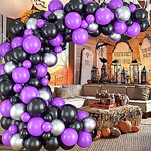 Halloween Balloon Arch Garland Kit, Black Purple Silver Metallic Latex Balloons Garland Kit for Kids Halloween Theme Birthday Trick or Treat Graduation Wedding Party Decorations Supplies