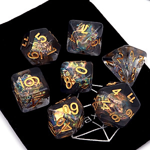 Haxtec Black DND Dice Set 7PCS Filled Resin Polyhedral D&D Dice W/Iridescent Mylar Inclusion Role Playing Dice Dungeons and Dragons Gift