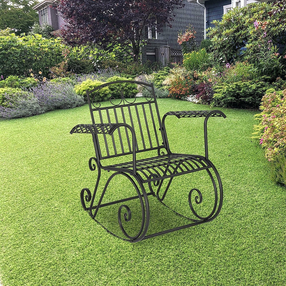 JHUS Black Outdoor Rocking Chair Wrought Iron Porch Patio Pool Metal Rocker Armchair Mikalo Chair Rocking Chair Rocker Chair Rocker Camp Chair Rocker Recliner Rocking Camp Chair Rocking Chairs