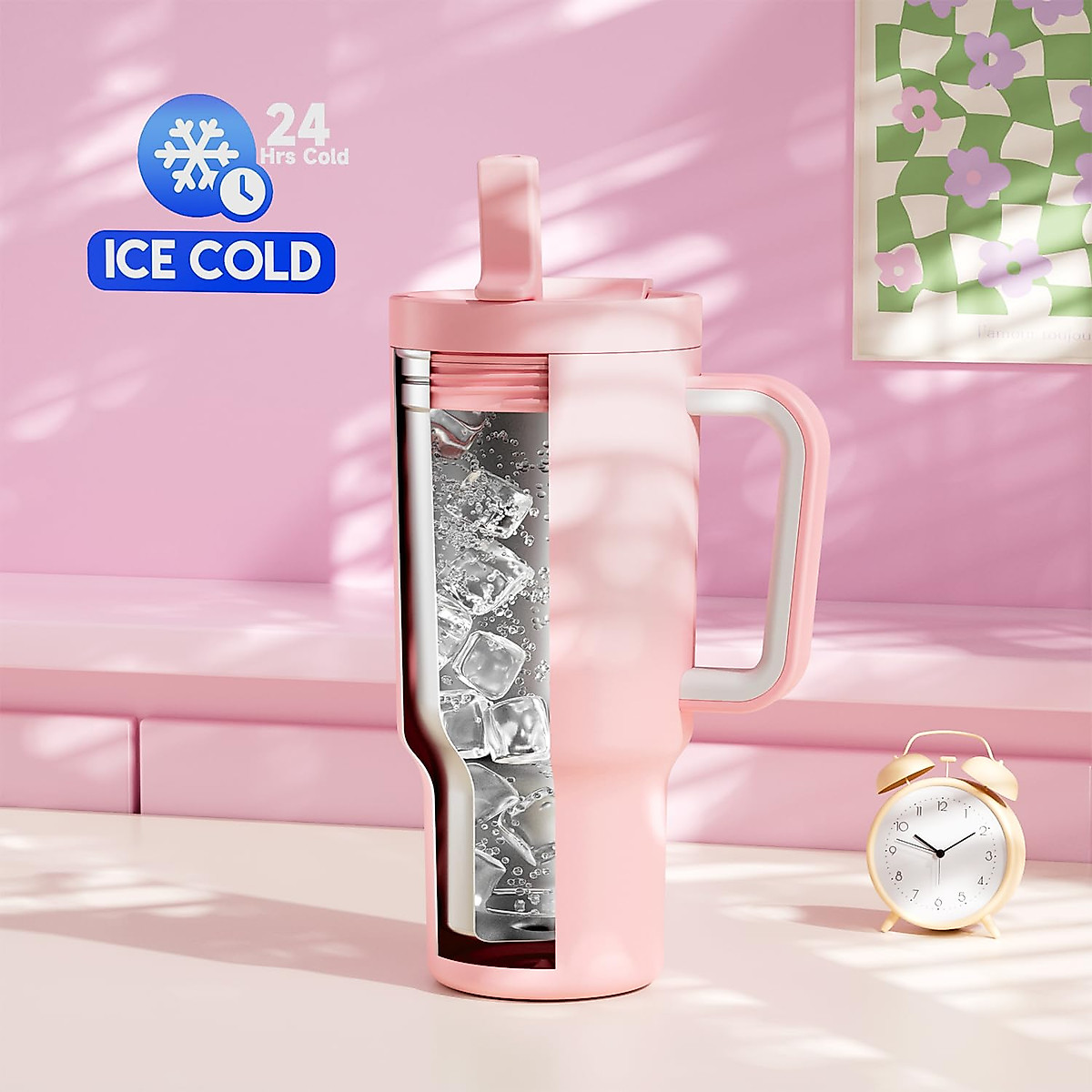 Meoky 32 oz Tumbler with Handle and Flip Straw, 100% Leakproof Tumbler with Lid and Straw, Stainless Steel Insulated Cup, Cupholder Friendly, Keeps Cold for 24 Hours (Blush)