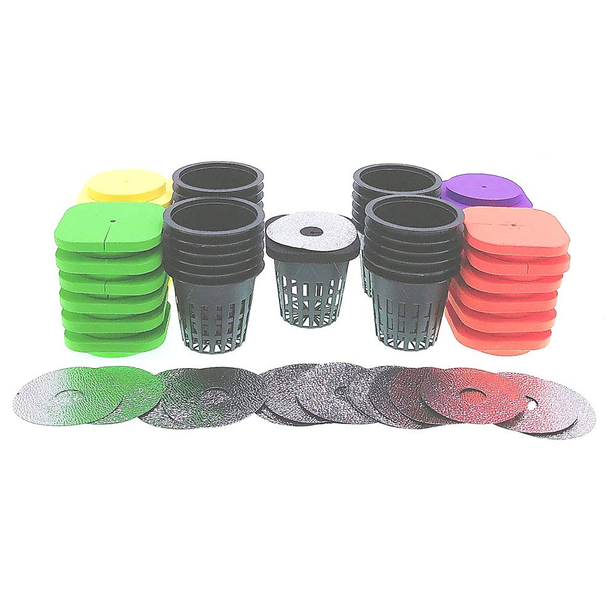 HORTIPOTS 2-Layered Clone Collars w 2 in Net Pots & Reflective Lids, Replacement for 24-Sited DWC Cutting Clone & Seedling Root System (4-Colored Pack of 25)