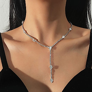 Ckecharfa Rhinestone Choker Necklaces Silver Waterdrop Pendant Necklace Crystal Chain Necklaces Glitter Party Adjustable Neck Chain Jewelry for Women and Teen Girls, Free Size