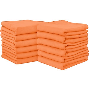 Bundle Set of Utopia Kitchen Flour Sack Tea Towels 12 Pack, 28" x 28" Ring Spun 100% Cotton Dish Cloths and Utopia Kitchen Unisex Adjustable Bib Apron with 2 Pockets Orange