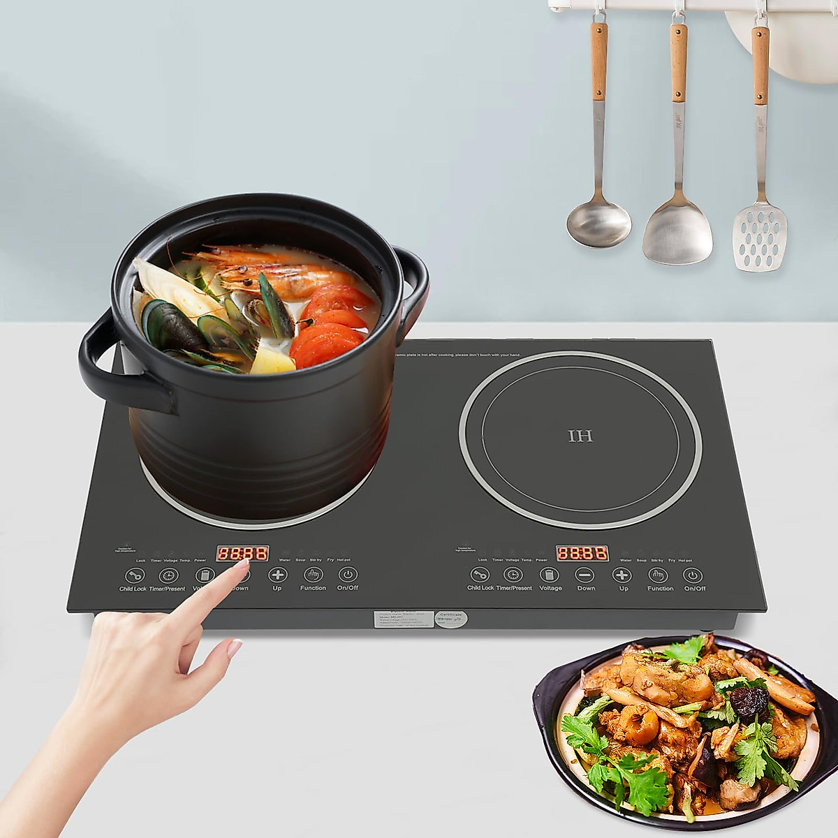 Electric Induction Ceramic Cooker,Countertop 2 Burner Cooktop Portable Cooker,2 Burners Induction Cooktop Electric Hob Cook for Camping,RV (1200W Induction Cooker+ 1200W Super Power)