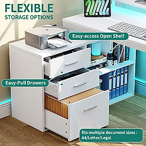 YITAHOME L Shaped Desk with Drawers, 55" Corner Computer Desk with Power Outlets, L-Shaped Desk with LED Lights & File Cabinet for Home Office, White