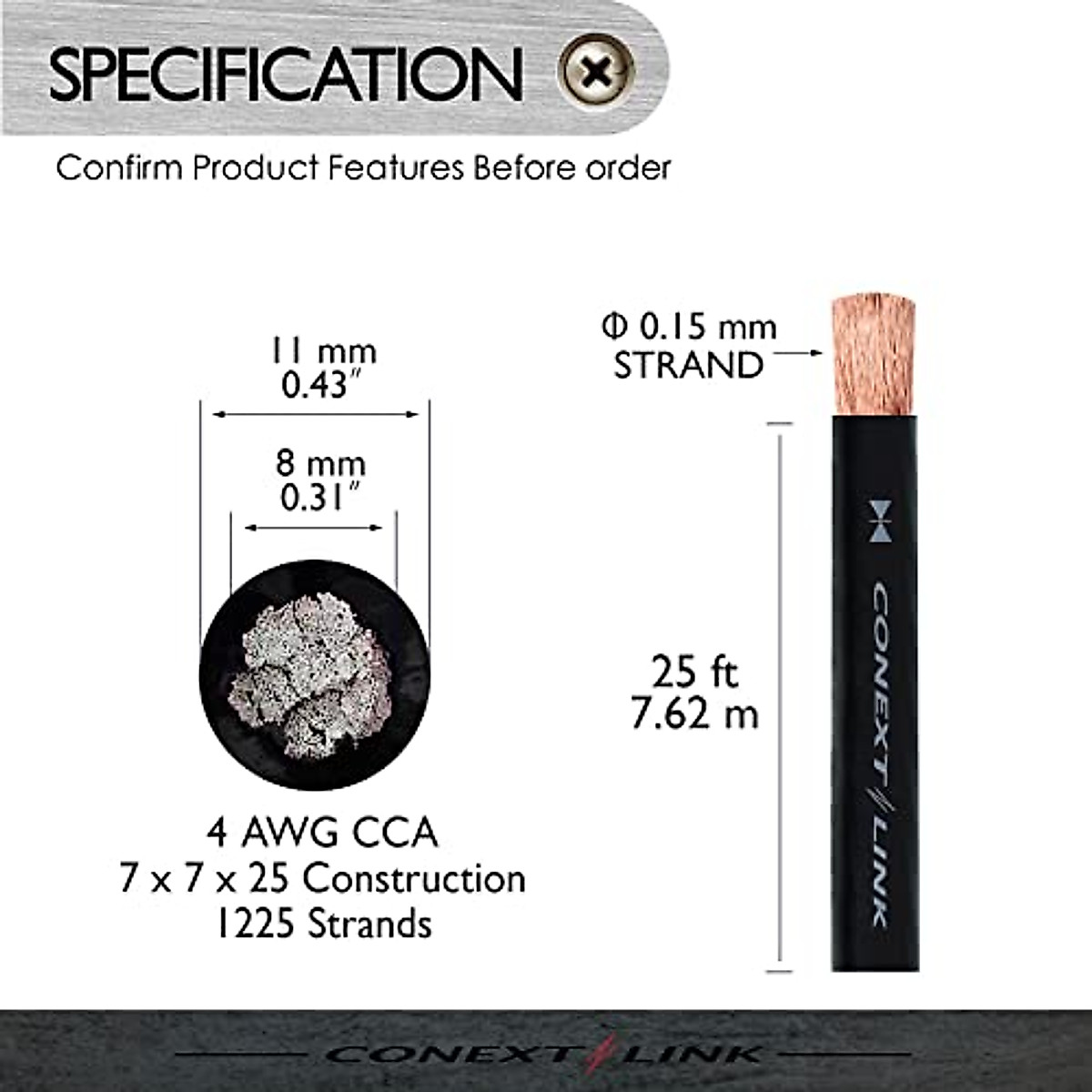 Conext Link 25 ft Black 4 Gauge Amplifier Power Ground Wire 25 Feet 4 GA AWG Amp Cable Roll （10848）