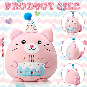 Leyndo 16 Inch Birthday Stuffed Animals Birthday Cat Plush Throw Pillow Cute Stuffed Kitten Plushie Soft Cat Plush Pillow for Kids Adults Birthday Party Favor Gift Sofa Bedroom Decorations