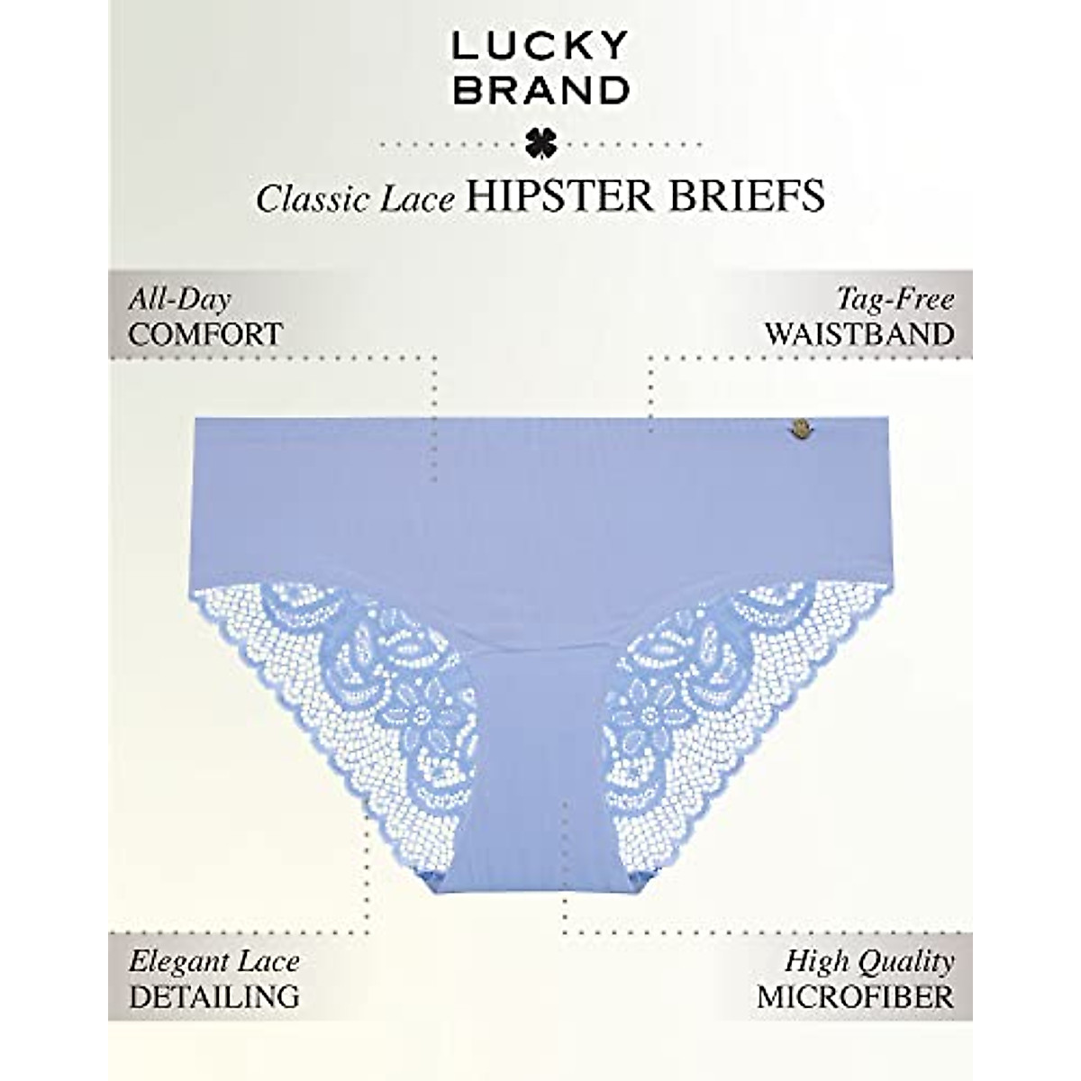 Lucky Brand Women's Underwear - Microfiber Lace Hipster Briefs (3 Pack), Size Large, Indigo/Blue/Silver Scone