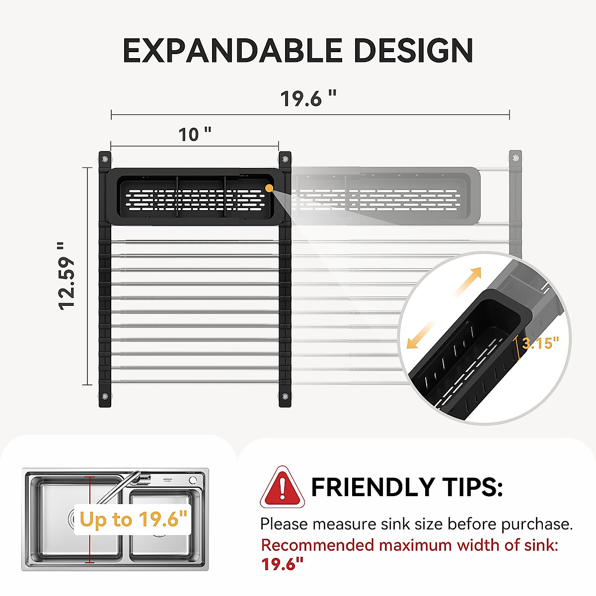Yofidra Expandable Roll-Up Dish Drying Rack (Up to 19.6") with Expandable Storage Basket, Over-The-Sink Dish Drainer Drying Rack, Foldable Stainless Steel Kitchen Drainer - Black