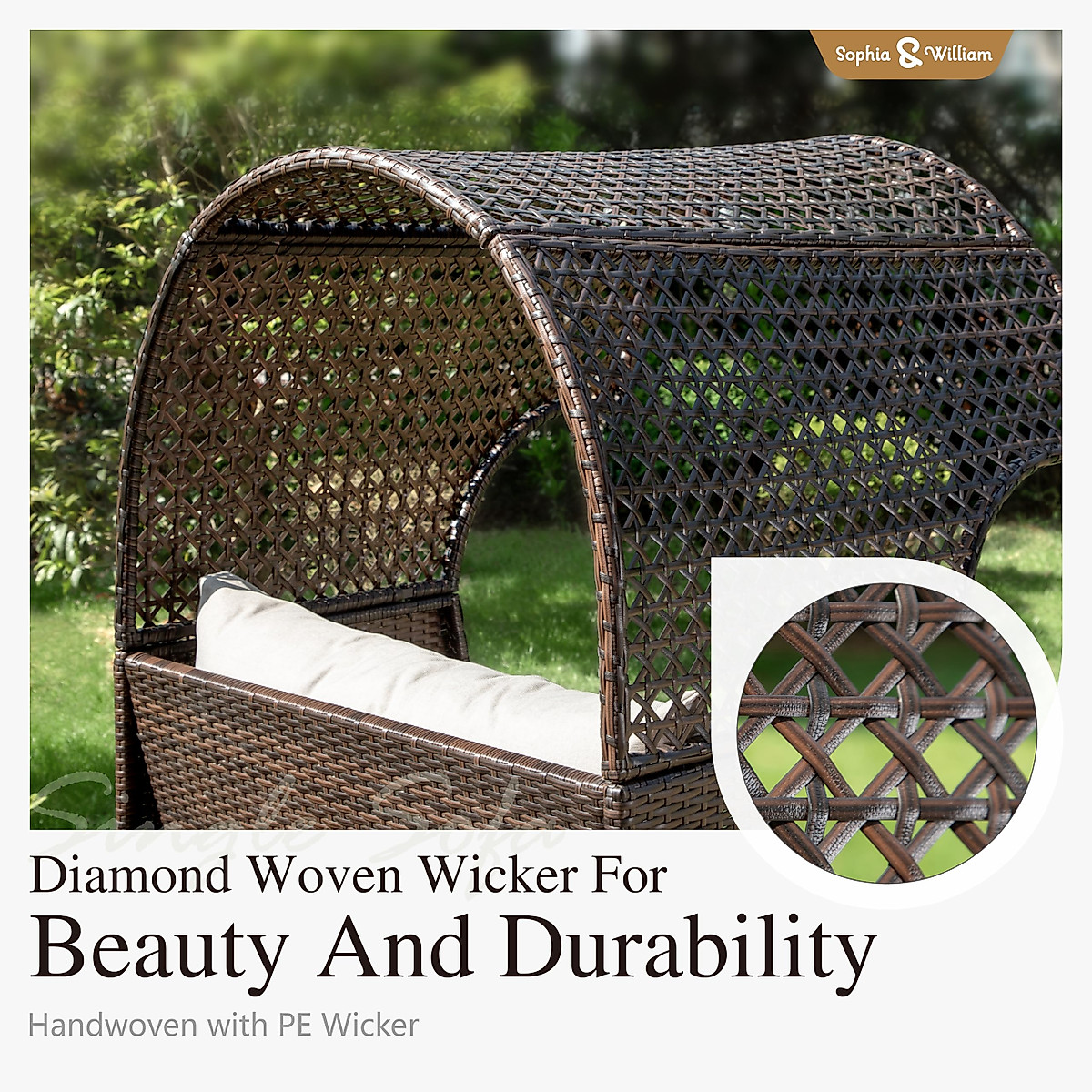 Sophia & William Outdoor Couch Egg Lounge Chair - Wicker Sofa for Patio with Removable Canopy, Rattan Single Sofa with High Backrest and Anti-Slip Cushions