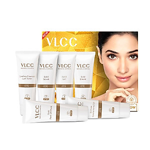 VLCC Gold Facial Kit - Single Use | Salon Like Facial at Home in Just 6-Steps | Includes Cleanser, Scrub, Cream, Face Pack & Moisturizing Gels | 2.12 Oz/60g