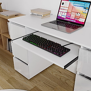 Furnicare Computer Desk with Storage Shelf and 6 Drawers, 47 inch Writing Home Office Workstation, Modern Work Study Writing Table Desk, Wood PC Laptop Desk, Desk for Bedroom, White