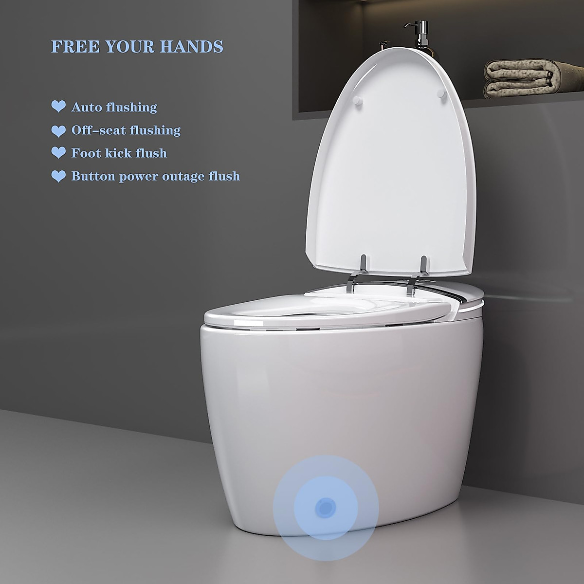 Smart Toilet with Off-seat Auto Flush, Foot Sensor Flush, Power Outage Flush, Mini Intelligent Smart Toilet with Heated Seat, LED Night Light, Side Button, Easy to Use.