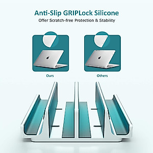 Nukoi Vertical Laptop Stand - SPACEMax Adjustable GRIPLock Anti-Tip Silicone 4 Slots Aluminum Desktop Holder - Double Dock Stand - 2 Phone Slots Fits Up to 17.3” Laptops, Tablets, Phones - Silver