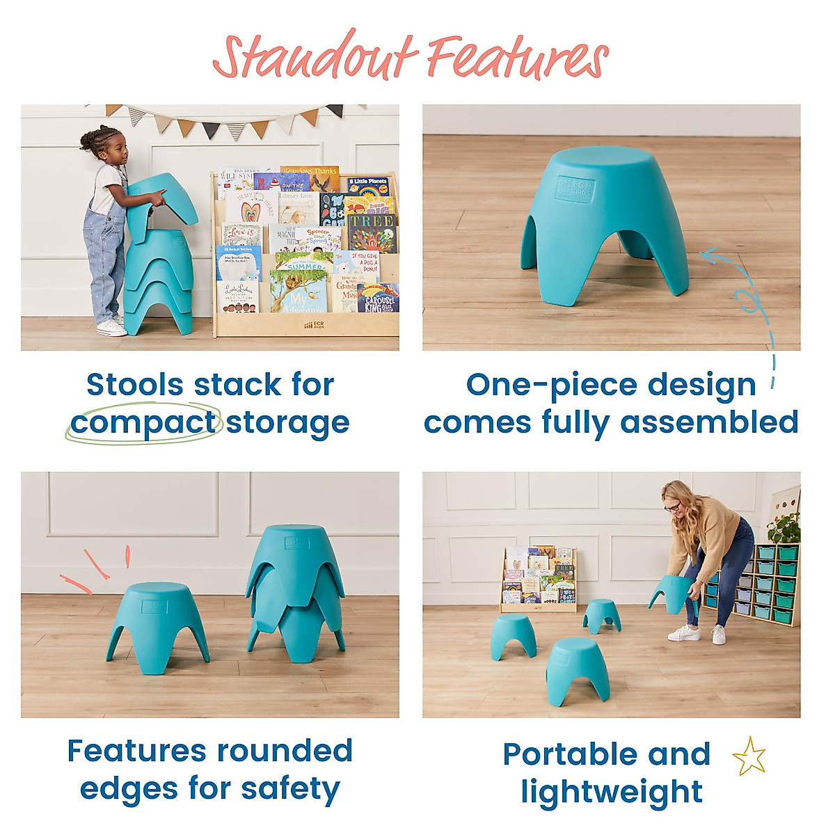 ECR4Kids Ayana Stool Set, Flexible Seating, Turquoise, 4-Pack