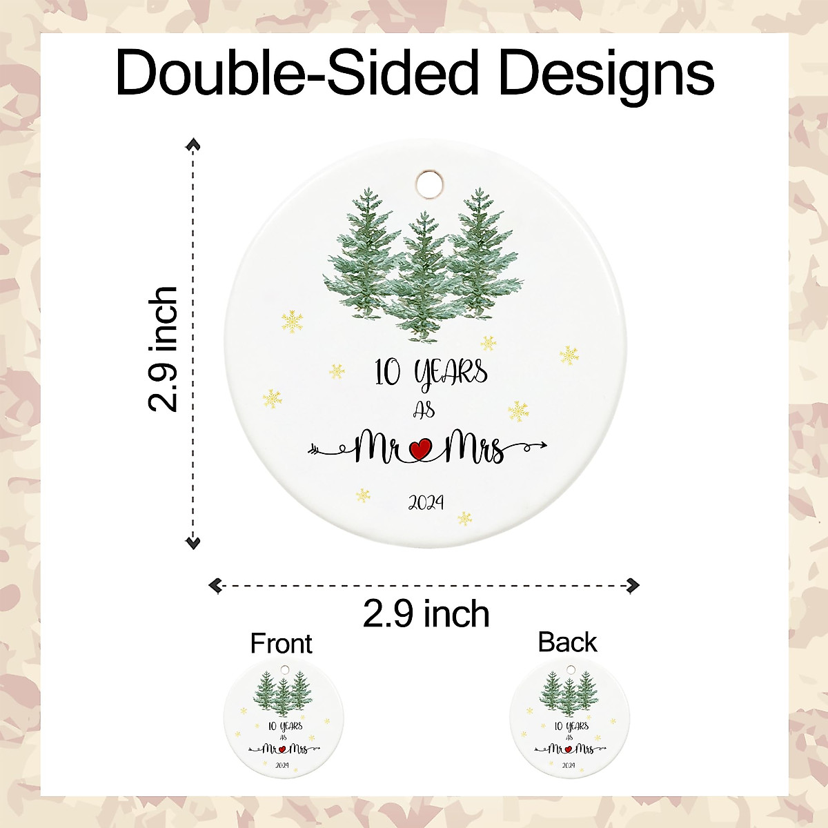 10th Tin Anniversary 2024, 10 Year Anniversary Mr and Mrs Gifts for Couple, 10th Wedding Anniversary for Husband Wife, 2.9" Ceramic 10th Anniversary Keepsake Christmas Decoration