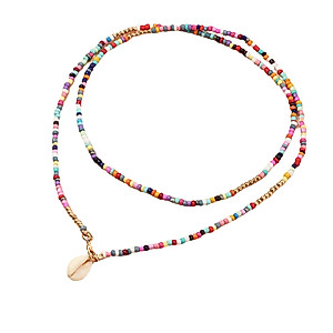 Boho Rainbow Beaded Necklace Layered Neck Chain Multi Color Bead Choker Necklaces Shell Star Butterfly Collar Jewelry Colorful Flower Chain Beach Travel Hawaiian Costume Jewelry-Shell