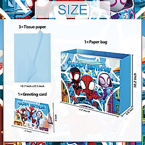 ZEZGERS Spidey Gift Bag for Happy Birthday with Handle, Tissue Paper and Card for Baby Shower,Classroom,Birthday Party Decorations Supplies