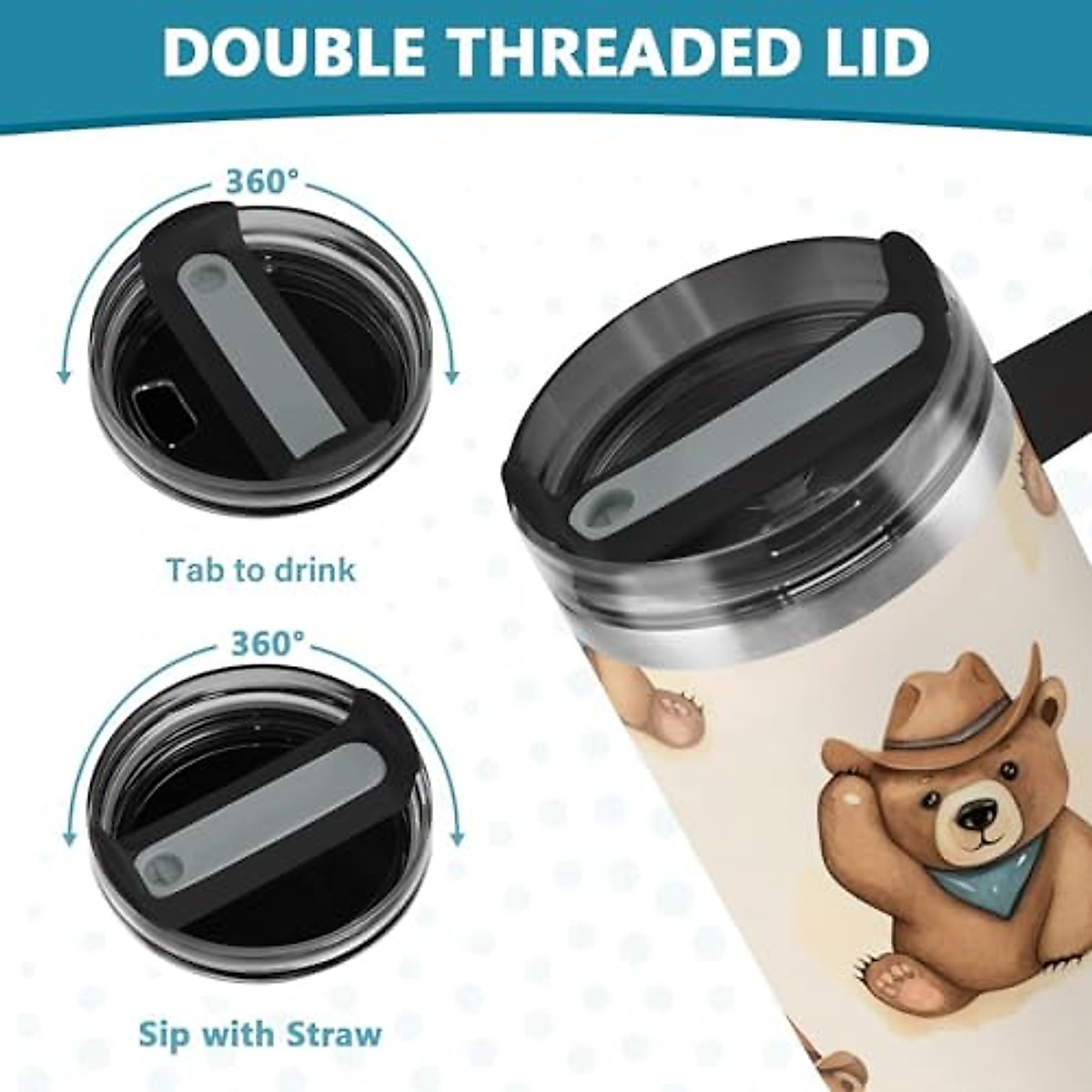 Flradish 40oz Tumbler with Handle, Funny Cowboy Bear Stainless Steel Tumbler with Lid and Straws Double Wall Vacuum Insulated Leakproof Coffee Travel Mug
