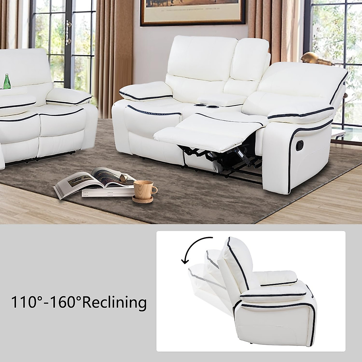 Ocstta Boned Leather Recliner Couch, Manula Reclining Couch Sofa with Storage Console & Cup Holder for Living Room/Office (Loveseat Recliner Couch,Creamy White)