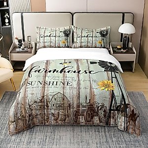 Erosebridal Rustic Farmhouse 100% Organic Cotton Duvet Cover Queen,Country Windmill Bedding Set,Cow Rooster Farm Animal Comforter Cover,Vintage Barn Door Cabin Bedspread Cover with 2 Pillowcases