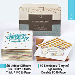 60 Happy Birthday Cards Assortment - Bday Cards in Bulk - 5x7 Assorted Variety Box Set Pack Unique Designs with Envelopes - Birthday Card for Men Women Kids - for Office - Greeting Message Inside