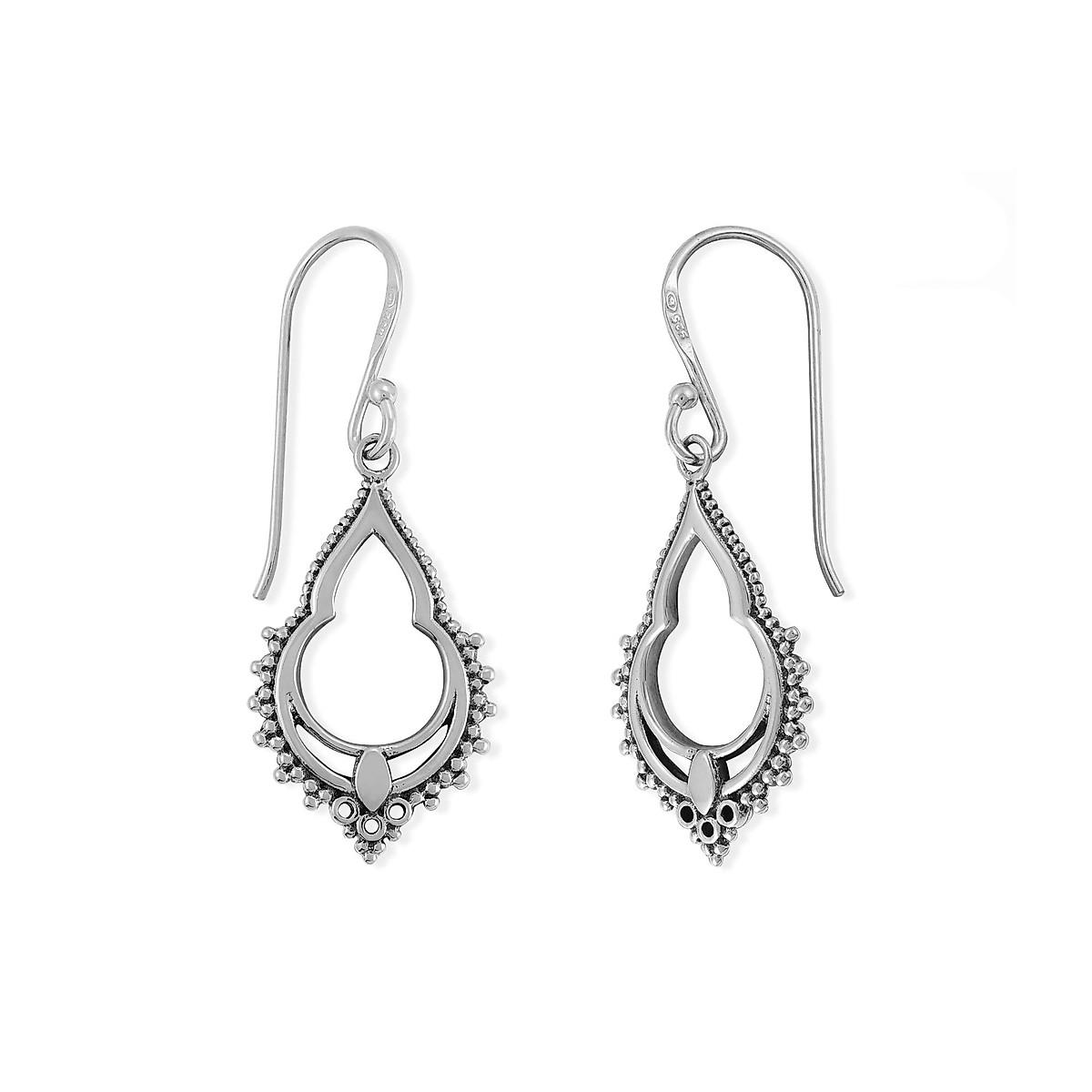 Boma Jewelry Sterling Silver Bali Style Boho Oxidized Beaded Texture Teardrop Dangle Earrings