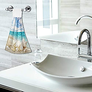 KOCOART Seashells Coastal Kitchen Hand Towels with Loop Starfish Tropical Beach Shore Hanging Tie Towel Set of 2, Soft Absorbent Washcloth Dish Fingertip Towel for Bathroom 12x17 in