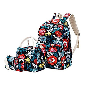 Joymoze Teen Girl School Backpack with Insulated Lunch Bag Pencil Purse Blue Flower One_Size