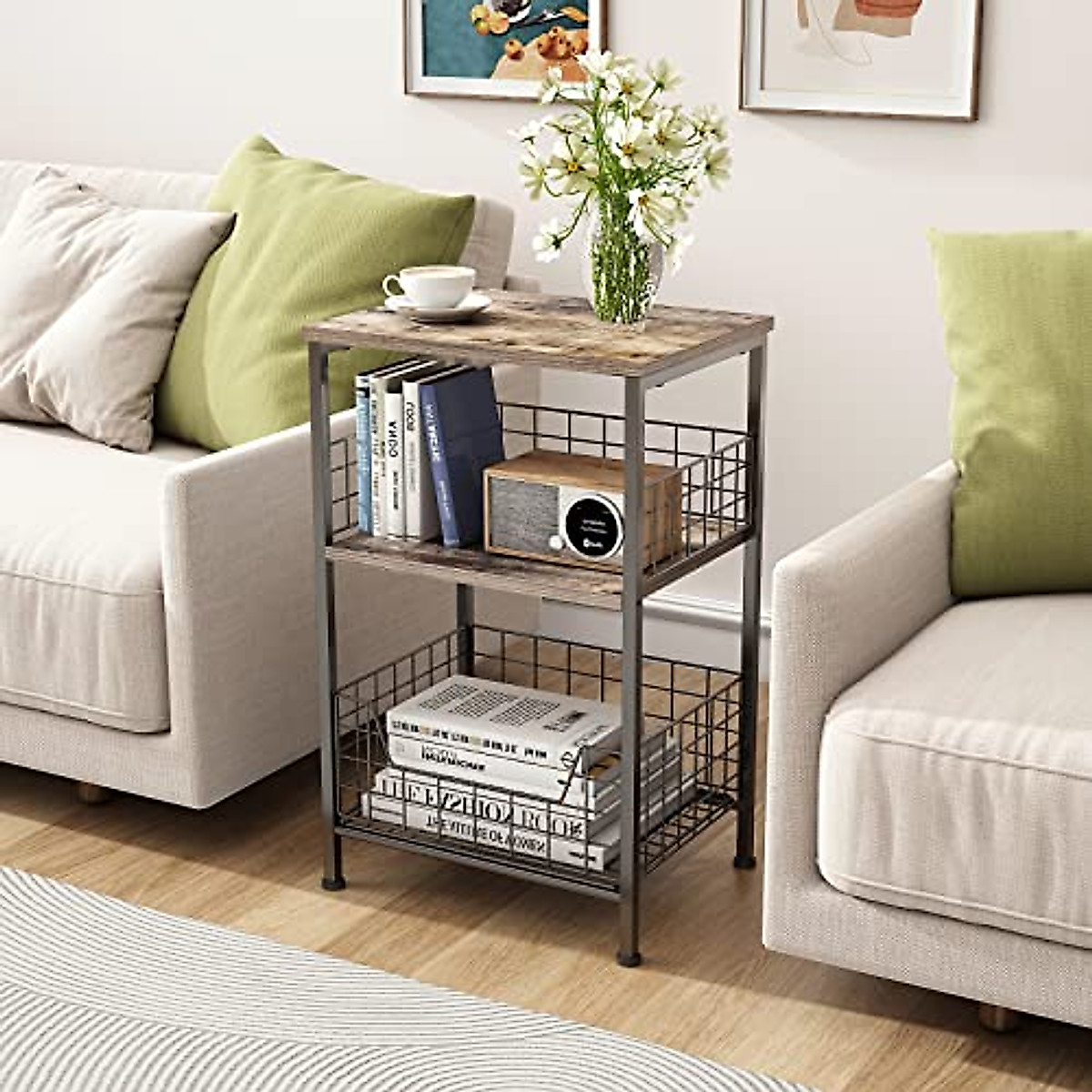 X-cosrack End Table,Industrial Retro Side Table Nightstand Storage Shelf for Living Room Bedroom Kitchen Family and Office,Stable Wood and Metal Frame, Patent Pending(Brown&Black)