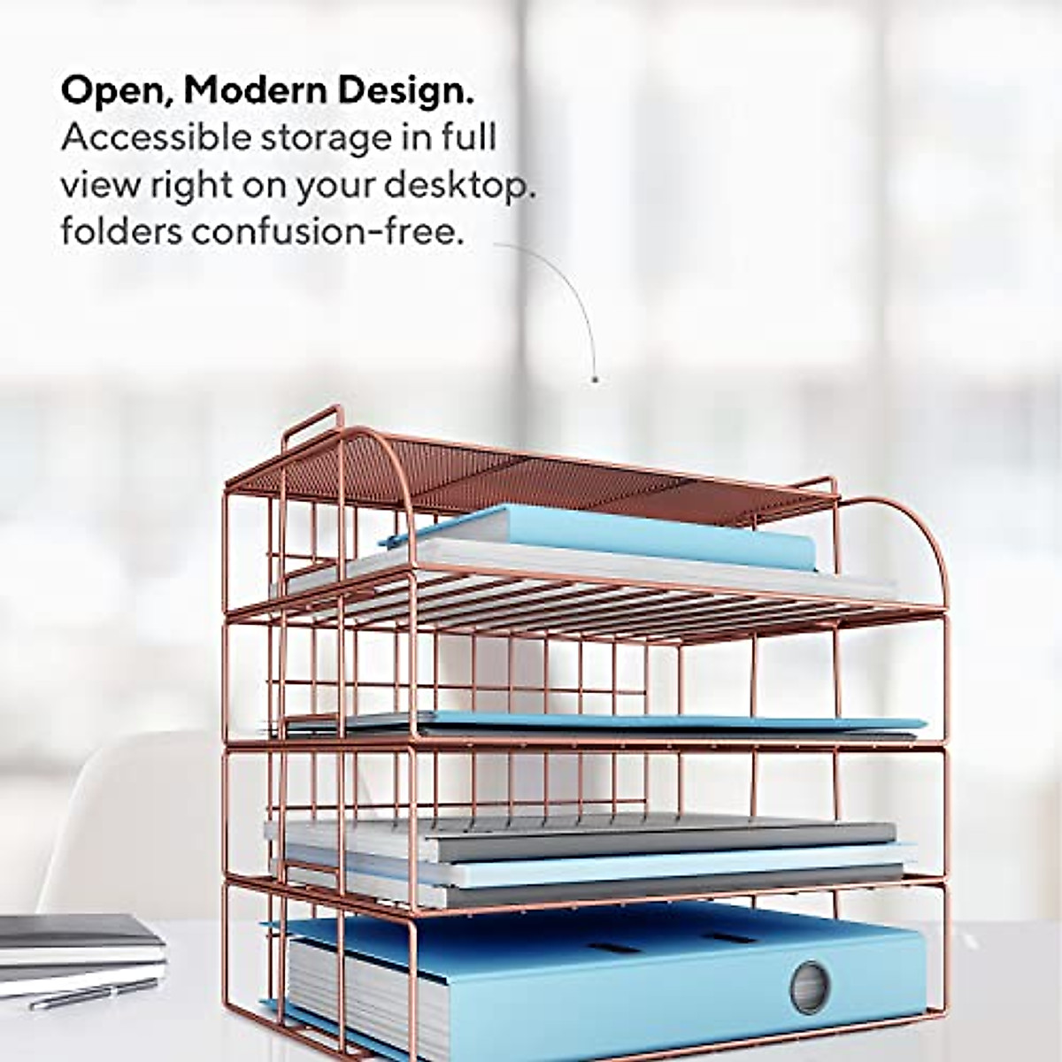 File Organizer for Desk, Letter Tray Desk Organizer, 4 Tier Desk Organizers and Accessories, File Folder Organizer, Desk File Organizer - Office Organization, 1 Upper Shelf, Wire Collection, Rose Gold