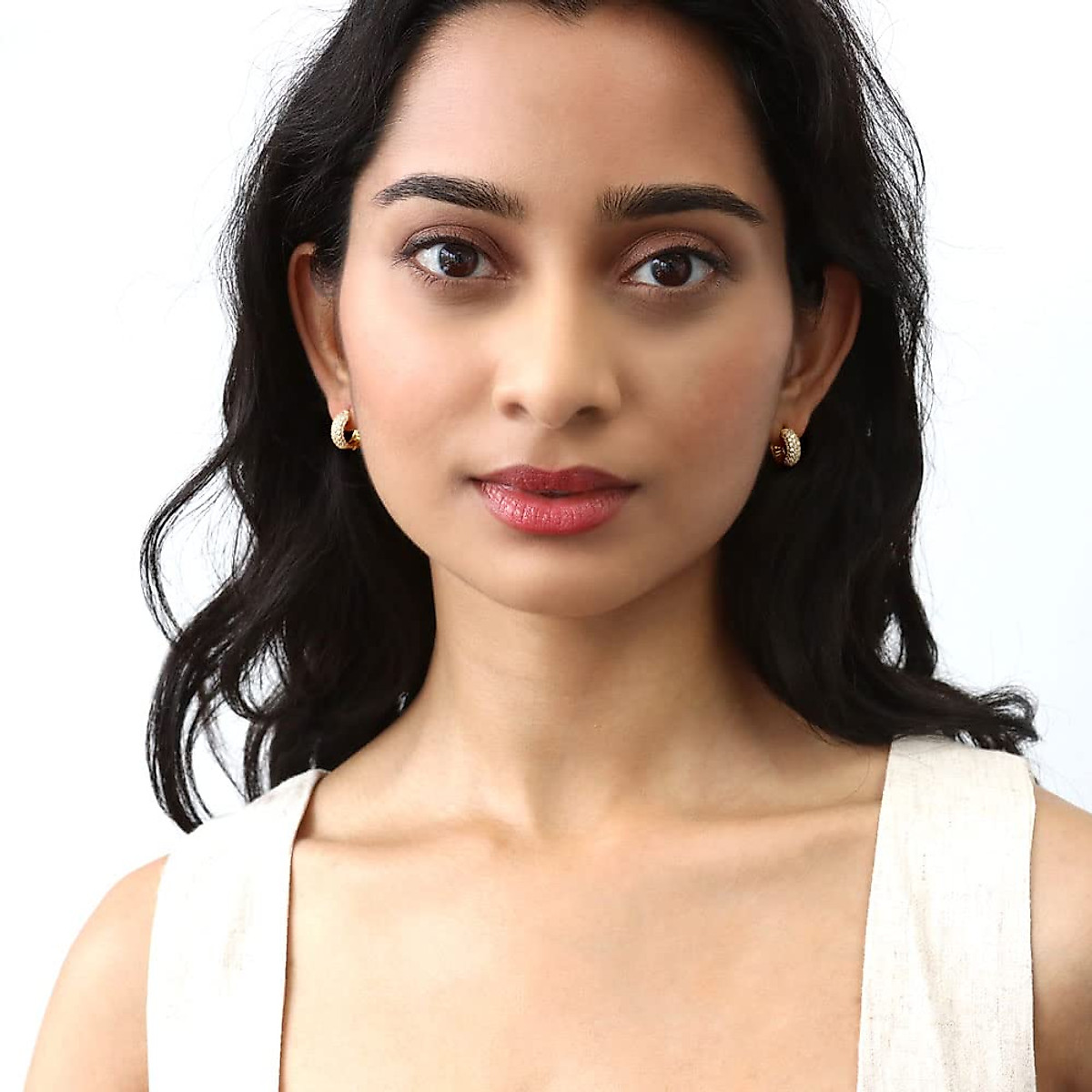 BERRICLE Sterling Silver Cubic Zirconia CZ Small Fashion Hoop Huggie Earrings for Women, Yellow Gold Flashed 0.5"