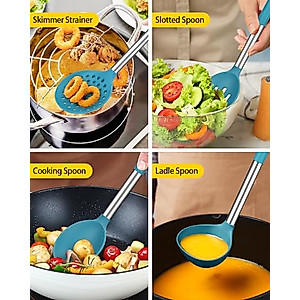 Silicone Cooking Utensil Set, 8Pcs Non-stick Cookware with Stainless Steel Handle, BPA Free Heat Resistant Kitchen Tools with Spatulas, Turners, Spoons, Skimmer and Pasta Fork