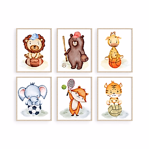 Safari Animal Prints Nursery - Animal Nursery Wall Art, Safari Nursery Kids Prints - Baby Animals Nursery Decor, Little Boys Wall Art - Jungle Nursery Sports Themed Zoo Animals - Set of 6 (8x10)