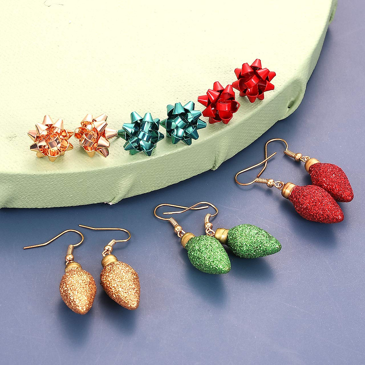 NLCAC 6 Pairs Christmas Earrings Xmas Holiday Present Bow Earrings Bulb Drop Dangle Earrings Christmas Party Jewelry