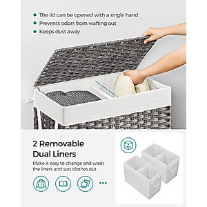 SONGMICS 130L Clothes Hamper with Lid, 2 Removable Liner Bags & 6 Mesh Bags, Wicker, Double Laundry Basket for Bathroom, 13 x 26 x 23.6 Inches, Gray ULCB253G01