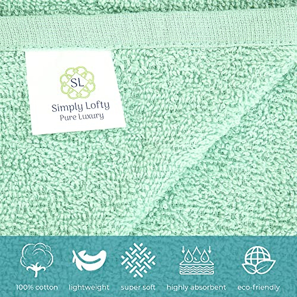SIMPLY LOFTY Cotton Washcloths 12” x 12” (12 Pack) Premium Fingertip Towels Highly Absorbent Facial Towels for Bathroom 100% Ring Spun Cotton Wash Cloth Set (Aqua Mint)