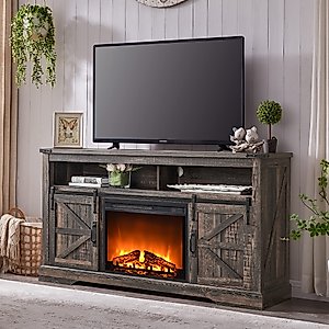 OKD Fireplace TV Stand for 65+ Inch TV, 33" Tall Highboy Farmhouse Entertainment Center w/ 23'' Electric Fireplace, Rustic Media Console w/Sliding Barn Door for Living Room, Dark Rustic Oak