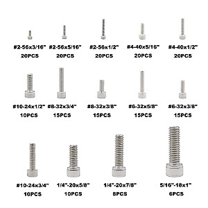 MCMASKE #2-56#4-40#6-32#8-32#10-24 1/4"-20 5/16"-18 UNC 304 Stainless Steel Socket Head Cap Screws Assortment Kit