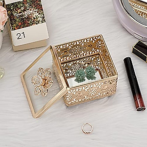 Hipiwe Hollow-carved Metal Jewelry Box with Glass Lid, Gold Mirrored Trinket Organizer Square Treasure Box for Ring Earrings Necklace, Christmas Birthday Gift for Women Girls