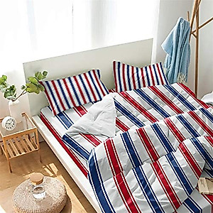 Independence Day California King Duvet Cover Set 4 Pieces Modern Geometric Striped Print Bedding Sets, Soft Quilt Covers with Zipper Closure and 1 Bed Sheets 2 Pillow Shams Colorful Blue Red White