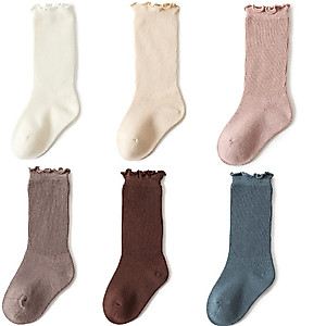 Exegawe Baby Girls Socks Cotton Toddler Knee-High Stockings Kids Cozy Warm Solid Color Ruffles Long Socks for 0-5T(Solid 6 Pairs,XS/0-6m)