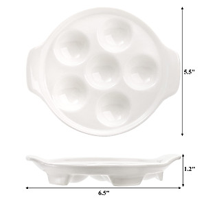 Okllen 4 Pack Ceramic Escargot Plates with 6 Holes and Handles, 6.5 Inch Seafood Snail Dish Footed Plates White Escargot Baking Dish Barbecue for Home, Kitchen, Restaurant