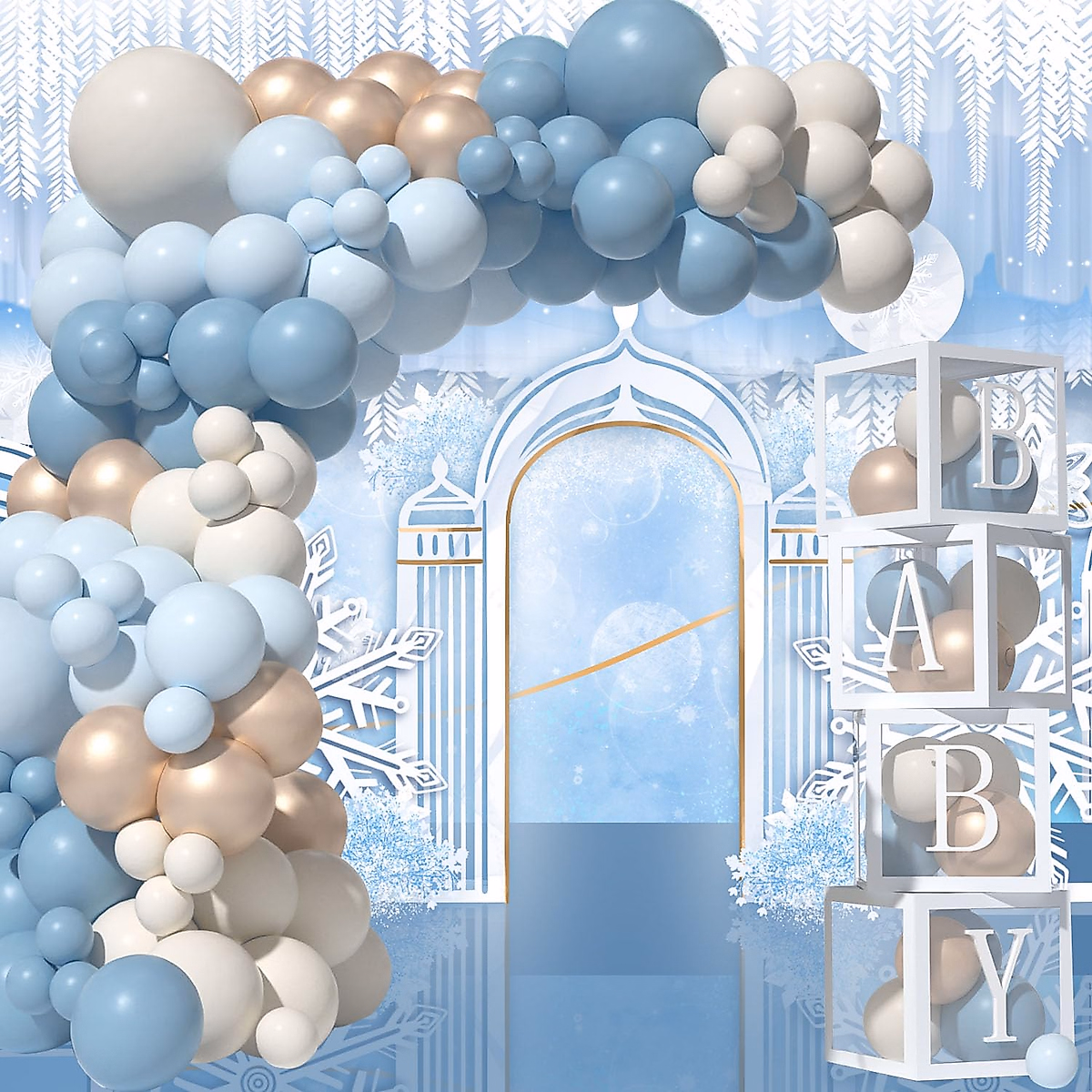 Baby Boy Shower Decorations-Dusty Blue Balloon Arch Kit With Baby Box,Baby Boy Balloon Arch Baby Boxes With Letter For Baby Shower 1st Boy Birthday Gender Reveal Decorations