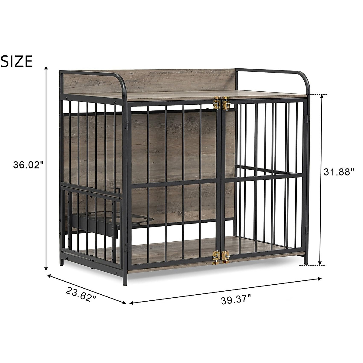 Merax 39” Heavy Duty Large Dog Crate Indoor Furniture, Wooden Metal Kennel Pet Cage with Double Doors & Adjustable Feeder Stand & Side End Table Storage, Grey